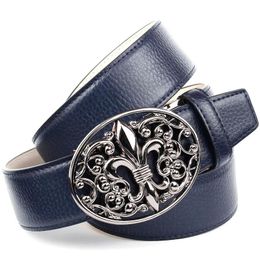 Anthoni Crown Damen Lederg&uuml;rtel mit Lilien Schlie&szlig;e, helle R&uuml;ckseite blau 100