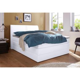 Hapo Boxspringbett mit Bettkasten wei&szlig; Kopfteil, seitliche Unterbox und Obermatratze sind mit pflegeleichtem Feinstrukturstoff in Leinenoptik (100% 