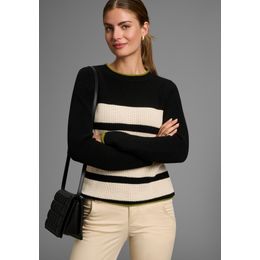 Streifenpullover HECHTER PARIS, Damen, Gr. 40/42, beige (schwarz, beige, gestreift), Strick, Obermaterial: 50% Baumwolle, 50% Polyacryl, gestreift, figurumspielend h&uuml;ftlang, Rundhals, Pullover Streifenpullover, mit Kontrastkante