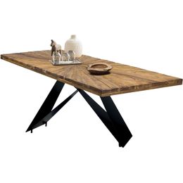 Esstisch Sit, natur, schwarz, schwarz, natur, B:160cm H:76,4cm T:90cm, recyceltes Teak, Metall (Eisen), Tische, Esstisch, Plattenst&auml;rke 5 cm massiv