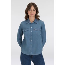 Levi's Jeansbluse LEVI'S "ESSENTIAL WESTERN", Damen, Gr. M (38), play break, Denim/Jeans, Obermaterial: 91% Baumwolle, 9% Leinen, Basic, figurbetont h&uuml;ftbedeckend, eckige 1-Knopf-Manschette mit Schlitz, Blusen Jeansbluse, mit Brusttaschen mit Druckkn&ouml;pfen
