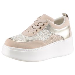 Sneaker Marc Cain "Sports Dodgy Dogs", Damen, Gr. 37, beige goldfarben, Leder, Textil, metallic, Schuhe Sneaker, Keilsneaker, Sneaker, Schn&uuml;rschuh im Retro Look