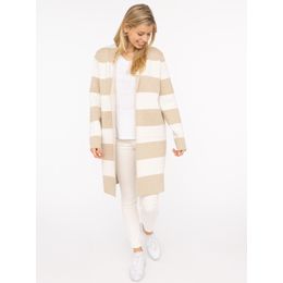 Strickjacke Zwillingsherz "Streifen & Schalkragen", Damen, Gr. S/M, beige, Strick, Obermaterial: 50% Viskose, 27% Polyester, 23% Nylon, gestreift, bequem knielang, V-Ausschnitt, Strickjacken Strickjacke, Schalkragen, Langarm, Taschen, knielang, Bockstreifen