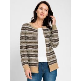 Jacquardstrickjacke Inspirationen, Damen, Gr. 42, braun (camel, sesam, gemustert), 61% Polyacryl, 34% Polyamid, 5% Wolle, gemustert, mehrfarbig, meliert, Strickjacken Jacquardstrickjacke