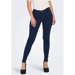 Skinny-fit-Jeans Only "ONLRAIN LIFE REG SKINNY DNM", Damen, Gr. XL (42), L&auml;nge 32, blau (dunkelblau denim), Denim/Jeans, Obermaterial: 53% Viskose (LENZING&trade; ECOVERO&trade;), 29% Baumwolle, 17% Polyester, 1% Elasthan, unifarben, skinny fit kn&ouml;chellang, Jeans Skinny-fit-Jeans, mit G&uuml;rtelschlaufen