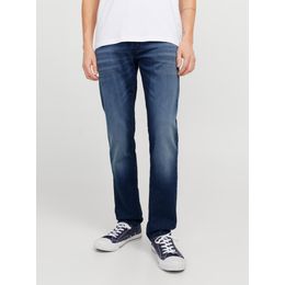 Jack & Jones Tapered-fit-Jeans JACK & JONES "JJIMIKE mit Stretch, Used-Look und bequemer Passform", Herren, Gr. 31, L&auml;nge 32, blau (blau denim), Denim/Jeans, Obermaterial: 48% Baumwolle, 26% Viskose, 25% Polyester, 1% Elasthan, Abriebeffekte, bequem kn&ouml;chellang, Jeans Tapered-fit-Jeans, mit Abriebeffekten