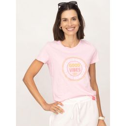 T-Shirt Zwillingsherz "Good Vibes", Damen, Gr. L, rosa, Web, Obermaterial: 92% Baumwolle, 8% Elasthan, normal normal, Rundhals, eingefasste Kante, Shirts T-Shirt, Stickerei, Kurzarm, Rundhalsausschnitt, Baumwollmischung