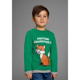Langarmshirt Kidsworld "ACHTUNG AUSGEFUCHST", Jungen, Gr. 104/110, gr&uuml;n, Jersey, Obermaterial: 100% Baumwolle. Einsatz: 85% Baumwolle, 15% Viskose, bedruckt, Basic, Shirts Langarmshirt, Shirt mit coolem Fuchsdruck