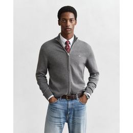 Cardigan Gant "CASUAL COTTON ZIP CARDIGAN", Herren, Gr. 3XL, grau (dunkelgrau melange), Strick, Obermaterial: 100% Baumwolle, unifarben, regular fit, Rundhals, angeschnitten,eingesetzt,&Auml;rmel ohne &Auml;rmelschlitz Rippb&uuml;ndchen, Strickjacken Cardigan, Mit Rippb&uuml;ndchen an Stehkragen, &Auml;rmeln und Saum