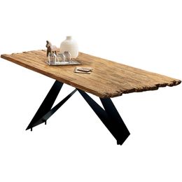 Esstisch Sit, natur, schwarz, schwarz, natur, B:220cm H:76,4cm T:100cm, recyceltes Teak, Metall (Eisen), Tische, Esstisch, Bruchkante an den kurzen Seiten