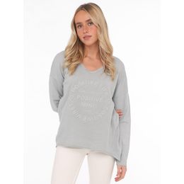 Sweatshirt Zwillingsherz "Positive Mind", Damen, Gr. L/XL (L/XL), grau (hellgrau), Sweatware, Obermaterial: 70% Baumwolle, 30% Polyester, unifarben, used, l&auml;ssig geschnitten Po-bedeckend, V-Ausschnitt, Sweatshirts Sweatshirt, ausgefranster V-Ausschnitt, Used Look, Langarm, Schriftzug