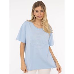Kurzarmshirt Zwillingsherz "Oversized Shirt Stempeldruck "Moin", Damen, Gr. L/XL, blau (hellblau), Web, Obermaterial: 95% Baumwolle, 5% Elasthan, bedruckt, unifarben, oversize Po-bedeckend, Rundhals, Shirts Kurzarmshirt, Kurzarm, tiefer Rundhalsausschnitt, Schriftzug, Baumwollmischung