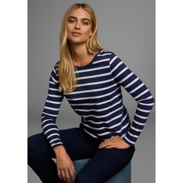 Langarmshirt AJC, Damen, Gr. 32/34 (XS), blau (marine, wei&szlig;, gestreift), Single Jersey, Obermaterial: 100% Baumwolle, gestreift, figurbetont, Rundhals, abgesteppt, Shirts Langarmshirt, gestreift, Rundhalsausschnitt, aus Baumwolle, aus Single Jersey, Topseller
