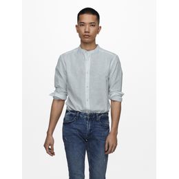 Only & Sons Langarmhemd ONLY & SONS "ONSCAIDEN LS SOLID LINEN MAO SHIRT NOOS", Herren, Gr. XL, N-Gr, blau (cashmere blau), Web, Obermaterial: 55% Baumwolle, 45% Leinen, unifarben, slim fit, Rundhals, 2-Knopf-Manschette, Hemden Langarmhemd