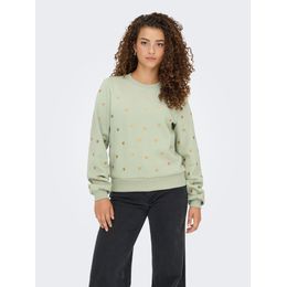 Sweatshirt Only "ONLATIKA L/S O-NECK GLITTER EMB. BOX SWT", Damen, Gr. S, gold (desert sage detail:anny hearts big (gold)), Sweatware, Obermaterial: 65% Polyester, 35% Baumwolle, bedruckt, Rundhals, Sweatshirts Sweatshirt