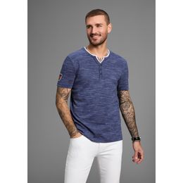 Henleyshirt DELMAO "Neue Kollektion", Herren, Gr. L (52/54), blau (dunkelblau m), Single Jersey, Obermaterial: 80% Baumwolle, 20% Polyester, meliert, k&ouml;rpernah, V-Ausschnitt, Shirts Henleyshirt, mit Badge, Topseller