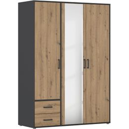 Dreht&uuml;renschrank Rauch "Kleiderschrank Schrank Garderobe W&auml;scheschrank VOYAGER", grau (graumetallic, eiche artisan), B:140cm H:194cm T:53cm, Holzwerkstoff, Schr&auml;nke, Dreht&uuml;renschrank, mit modernen Griffen in Graumetallic, inkl. Schubk&auml;sten und Spiegel