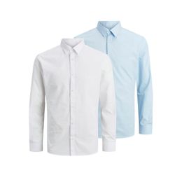 Jack & Jones Langarmhemd JACK & JONES "JJJOE SHIRT LS 2 PACK MP", Herren, Gr. XL, N-Gr, cashmere blau pack:, wei&szlig;, Web, Obermaterial: 65% Polyester, 35% Baumwolle, unifarben, slim fit normal, Hemden Langarmhemd