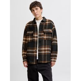 Jack & Jones Langarmhemd JACK & JONES "JJEBRADLEY OLLIE OVERSHIRT LS NOOS", Herren, Gr. XL, N-Gr, braun (monks robe), Web, Obermaterial: 70% Polyester, 20% Polyacryl, 8% Nylon, 2% Viskose, gemustert, loose fit Po-bedeckend, ohne Ausschnitt, Manschette, Hemden Langarmhemd, mit Brusttaschen