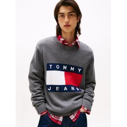 Strickpullover Tommy Jeans "TJM MELANGE FLAG SWEATER", Herren, Gr. L, schwarz (schwarz htr), Sweatware, Obermaterial: 100% Baumwolle, h&uuml;ftbedeckend, Rundhals, Rippb&uuml;ndchen, Pullover Strickpullover, Regular Fit, Rundhals Retro Flag Classic