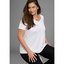 T-Shirt LAURA SCOTT CURVE, Damen, Gr. 44/46, wei&szlig;, Jersey, Obermaterial: 94% Viskose, 6% Elasthan, unifarben, Basic, A-Linie h&uuml;ftbedeckend, V-Ausschnitt, Shirts T-Shirt, mit V-Ausschnitt aus flie&szlig;ender Viskose - GROSSE GR&Ouml;SSE, Topseller