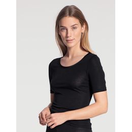 Kurzarmshirt Calida "True Confidence", Damen, Gr. S (40/42), schwarz, Rippware, Obermaterial: 70% Schurwolle, 30% Seide, unifarben, Basic h&uuml;ftbedeckend, tiefer Rundhals, Shirts Kurzarmshirt, Satinbandeinfassung, Rundhalsausschnitt, Kurzarm