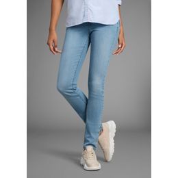Slim-fit-Jeans Arizona "Bund mit seitlichem Gummizugeinsatz", Damen, Gr. 42, N-Gr, blau (bleached), Denim/Jeans, Obermaterial: 98% Baumwolle, 2% Elasthan, Basic, slim fit lang, Jeans Slim-fit-Jeans, schmale Passform, R&ouml;hrenjeans, Used-Waschung, hohe Leibh&ouml;he