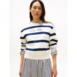 Sweatshirt Tommy Hilfiger "SCRIPT REG PIQUE SWTSHRT", Damen, Gr. XXL (44), ivory silk, schwarz night navy stp, Sweatware, Obermaterial: 85% Baumwolle, 15% Polyamid, gestreift, regular fit normal, Rundhals, Sweatshirts Sweatshirt, mit Tommy Hilfiger Script Logo-Schriftzug