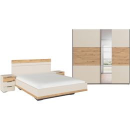 Schlafzimmer-Set Rauch "Komplettschlafzimmer Schlafzimmer Schlafzimmerm&ouml;bel SAJO", beige (champagner, eiche artisan), Mit Spiegel + ohne Matratze, B/H: 160cm x 200cm, Mit Spiegel, Holzwerkstoff, Schlafzimmerm&ouml;bel-Sets, Schlafzimmer-Set, optional mit Spiegel am Kleiderschrank MADE IN GERMANY
