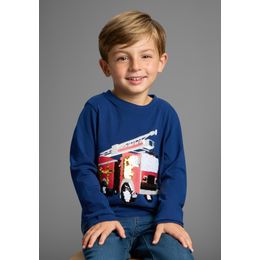 Langarmshirt Kidsworld "Feuerwehr Pailletten Shirt", Jungen, Gr. 128/134, blau, Single Jersey, Obermaterial: 100% Baumwolle, bedruckt, Basic h&uuml;ftlang, Rundhals, Shirts Langarmshirt, Feuerwehr Druck mit Pailletten