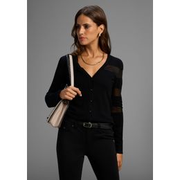 Strickjacke Melrose, Damen, Gr. 38, schwarz, Feinstrick, Obermaterial: 75% Viskose, 25% Polyamid, Mesh, gestreift, leicht durchscheinend, tailliert h&uuml;ftbedeckend, tiefer V-Ausschnitt, Strickjacken Strickjacke, mit transparenten Streifen und Knopfleiste, Topseller