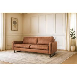3-Sitzer Home Affaire "Maxi-Ausf&uuml;hrung Pinto, 236 cm, Cord, Chenille, Lederoptik", braun (cognac), B:236cm H:85cm T:97cm, Kunstleder (65% Polyester, 35% Lederfasern);Cord (92% Polyester, 8% Polyamide), Sofas, mit Keder, schwarze Metallf&uuml;&szlig;e, Wellenunterfederung