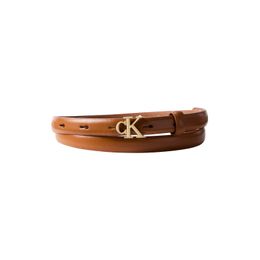 Calvin Klein Damen Lederg&uuml;rtel "ROUND CK BUCKLE 15MM BELT SMOOTH"argan oil, antique light gold, Gr. 85, unifarben, Web, Rindsleder, G&uuml;rtel,