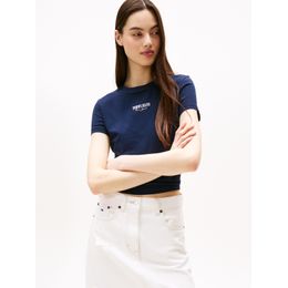 Kurzarmshirt Tommy Jeans "TJW SLIM ESSENTIAL LOGO2 TEE EXT", Damen, Gr. L (40), blau (schwarz night navy), Single Jersey, Obermaterial: 70% Baumwolle, 30% Viskose, unifarben, figurbetont, Shirts
