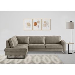 Home Affaire Ecksofa &raquo;Pinto, 290 cm, Cord, Chenille, Lederoptik, Ottomane links / rechts&laquo; mit Keder, schwarze Metallf&uuml;&szlig;e, Wellenunterfederung grau 