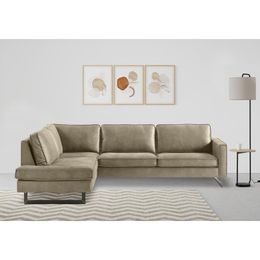 Home Affaire Ecksofa &raquo;Pinto, 290 cm, Cord, Chenille, Lederoptik, Ottomane links / rechts&laquo; mit Keder, schwarze Metallf&uuml;&szlig;e, Wellenunterfederung beige 