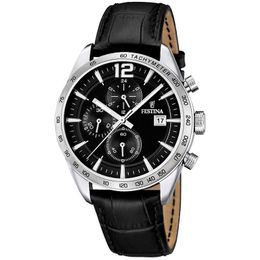 Festina Herren Chronograph Armbanduhr, Quarzuhr, Herrenuhr, Lederarmband, Stoppfunktion schwarz