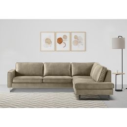 Home Affaire Ecksofa &raquo;Pinto, 290 cm, Cord, Chenille, Lederoptik, Ottomane links / rechts&laquo; mit Keder, schwarze Metallf&uuml;&szlig;e, Wellenunterfederung beige 