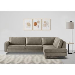 Home Affaire Ecksofa &raquo;Pinto, 290 cm, Cord, Chenille, Lederoptik, Ottomane links / rechts&laquo; mit Keder, schwarze Metallf&uuml;&szlig;e, Wellenunterfederung grau 