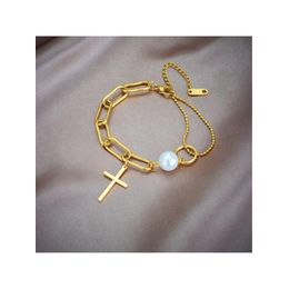XCOAST Goldenes Edelstahl-Armband mit Kreuz & Perlen &ndash; Boho Elegant | Gr.: onesize