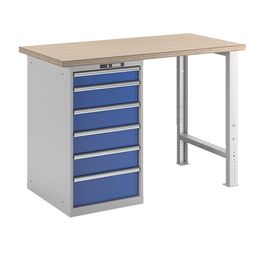 LISTA Werkbank im Baukastensystem, H&ouml;he 1040 mm, Unterstellschrank, 6 Schubladen, enzianblau, Tischbreite 1500 mm