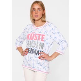 Longsleeve Zwillingsherz "K&uuml;ste Moin Heimat", Damen, Gr. S/M, blau (hellblau), Web, Obermaterial: 50% Baumwolle, 50% Polyester, bequem normal, Rundhals, eingefasste Kante, Shirts Longsleeve, Zebra-Muster, 3/4-Arm, Pailletten, Schriftz&uuml;ge, Kontrastnaht