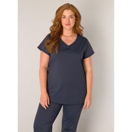 V-Shirt Base Level Curvy "Lilly", Damen, Gr. 46, blau (dunkelblau), Single Jersey, Obermaterial: 75% Polyamid, 25% Elasthan, unifarben, bequem h&uuml;ftbedeckend, V-Ausschnitt, Shirts V-Shirt, mit Stretch