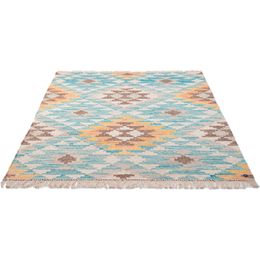 Teppich Tom Tailor HOME "Check Kelim" Gr. 4, bunt (t&uuml;rkis, pastel), B:160cm H:5mm L:230cm, Wolle, Teppiche, Teppich, handgewebt, mit Fransen, Boho-Style