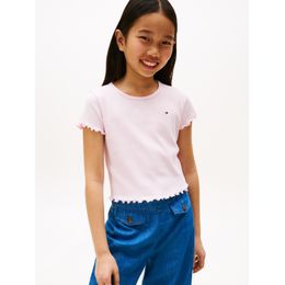 T-Shirt Tommy Hilfiger "ESSENTIAL RIB TOP mit Babylock-Kanten und Stickerei", M&auml;dchen, Gr. 12 (152), rosa (light pink), Rippware, Obermaterial: 95% Baumwolle, 5% Elasthan, unifarben, normal h&uuml;ftlang, Rundhals, Rollkante, Shirts T-Shirt, unifarben, casual, regular fit, Baumwollmix, Rundhals