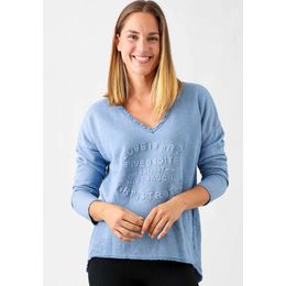 Sweatshirt Zwillingsherz, Damen, Gr. S/M, blau (aqua), Sweatware, Obermaterial: 70% Baumwolle, 30% Polyester, unifarben, normal h&uuml;ftlang, V-Ausschnitt, Sweatshirts Sweatshirt, ausgefranster V-Ausschnitt, Vintage Look, Langarm
