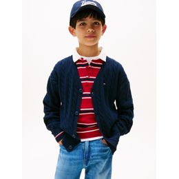 Strickpullover Tommy Hilfiger "COTTON CABLE GLOBAL STRIPE CARDI", Jungen, Gr. 10 (140), blau (schwarz night navy), Strick, Obermaterial: 100% Baumwolle, unifarben, regular fit normal, V-Ausschnitt, eingesetzt Strickb&uuml;ndchen, Pullover Strickpullover, Kinder bis 16 Jahre
