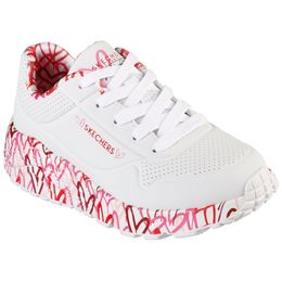 Sneaker Skechers "UNO LITE-LOVELY LUV", M&auml;dchen, Gr. 32, wei&szlig; (wei&szlig;, rot), Lederimitat, Textil, kontrastfarbene Details, Schuhe Sneaker, Schn&uuml;rschuh mit bedruckter Sohle, Gr&ouml;&szlig;enschablone zum Download, Topseller