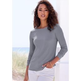 Langarmshirt Vivance "mit modischer Rippstruktur", Damen, Gr. 32/34, blau (graublau), Rippware, Obermaterial: 63% Polyester (REPREVE), 34% Viskose, 3% Elasthan, Strukturmuster, unifarben, Basic, figurumspielend, Rundhals, Shirts Langarmshirt, aus weichflie&szlig;ender Qualit&auml;t mit Viskose