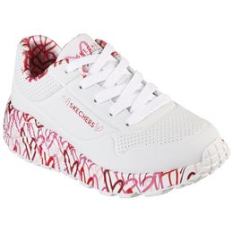 Sneaker Skechers "UNO LITE-LOVELY LUV", M&auml;dchen, Gr. 34, wei&szlig; (wei&szlig;, rot), Lederimitat, Textil, kontrastfarbene Details, Schuhe Sneaker, Schn&uuml;rschuh mit bedruckter Sohle, Gr&ouml;&szlig;enschablone zum Download, Topseller